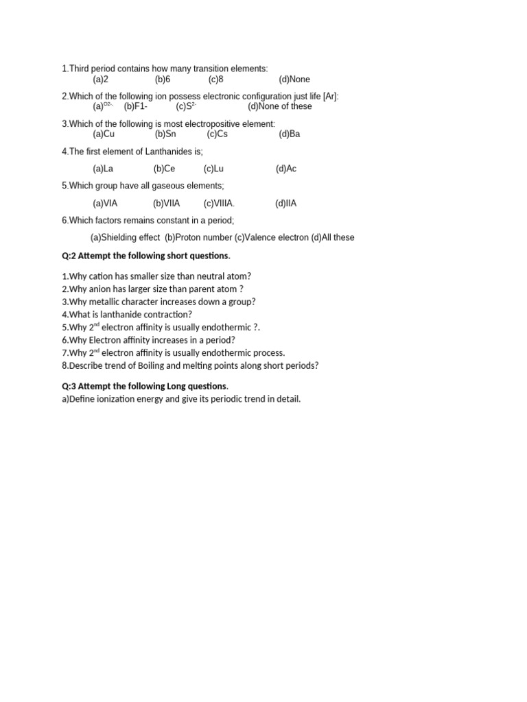 Chemistry Quiz on Periodic Trends and Elements | PDF