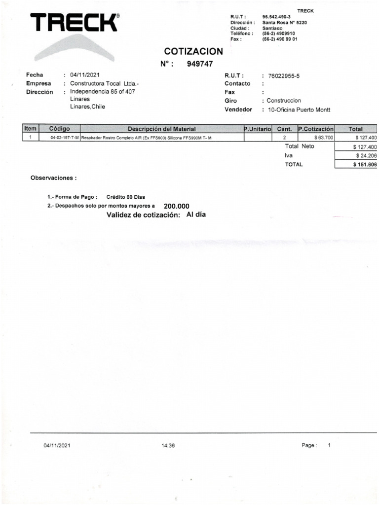 Cotizacion EPP 2 Centro Comercial Tepual Respirador | PDF