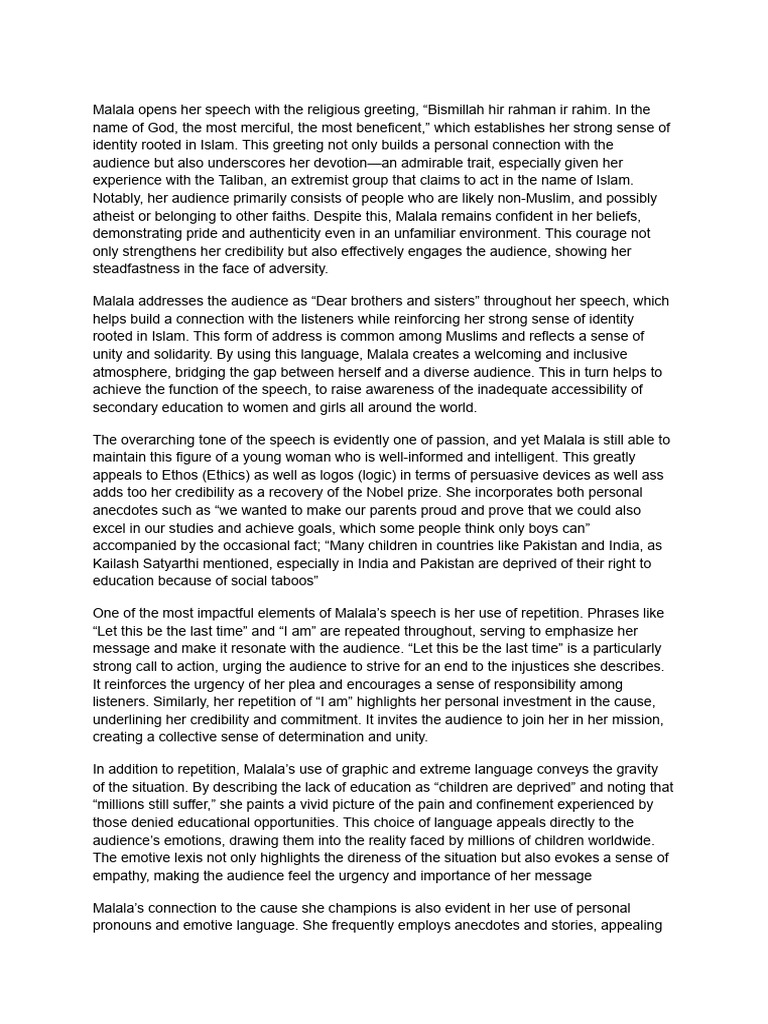 Malala Yousafzai's Speech Analysis | PDF | Malala Yousafzai