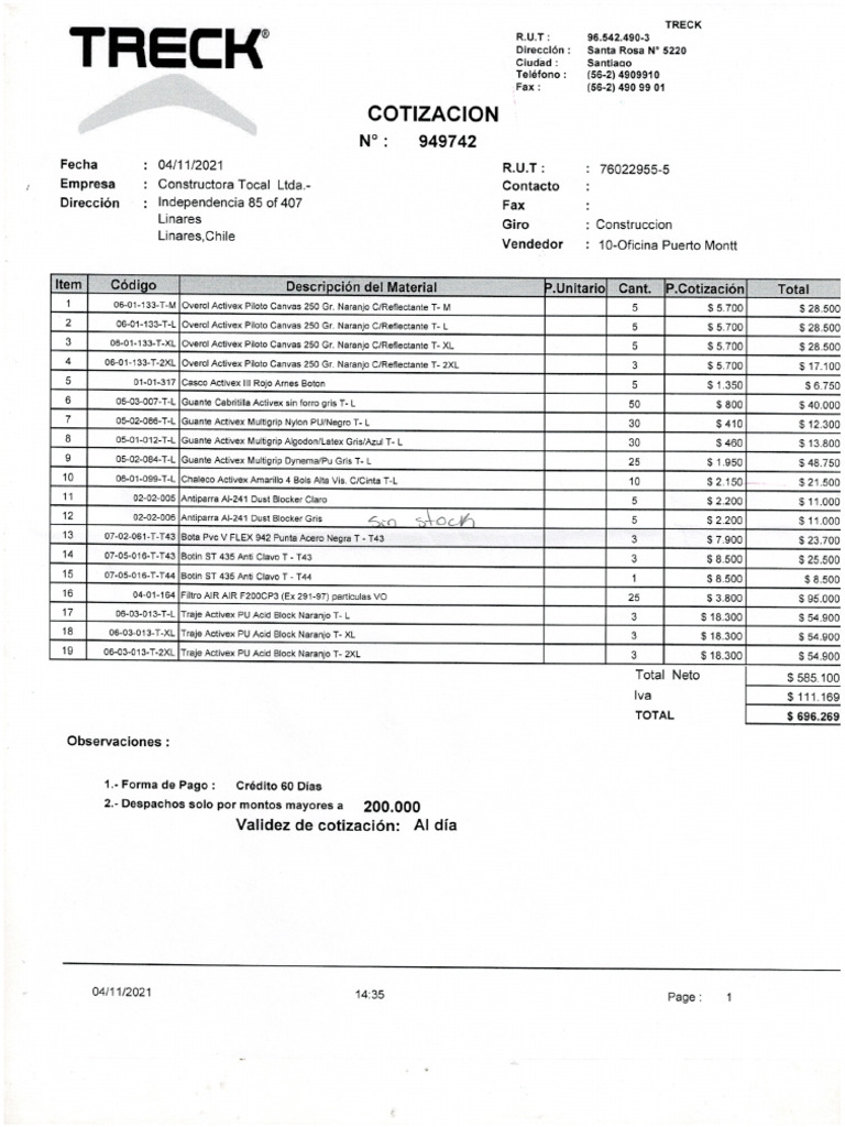 Cotizacion EPP Centro Comercial Tepual Epp Nov | PDF