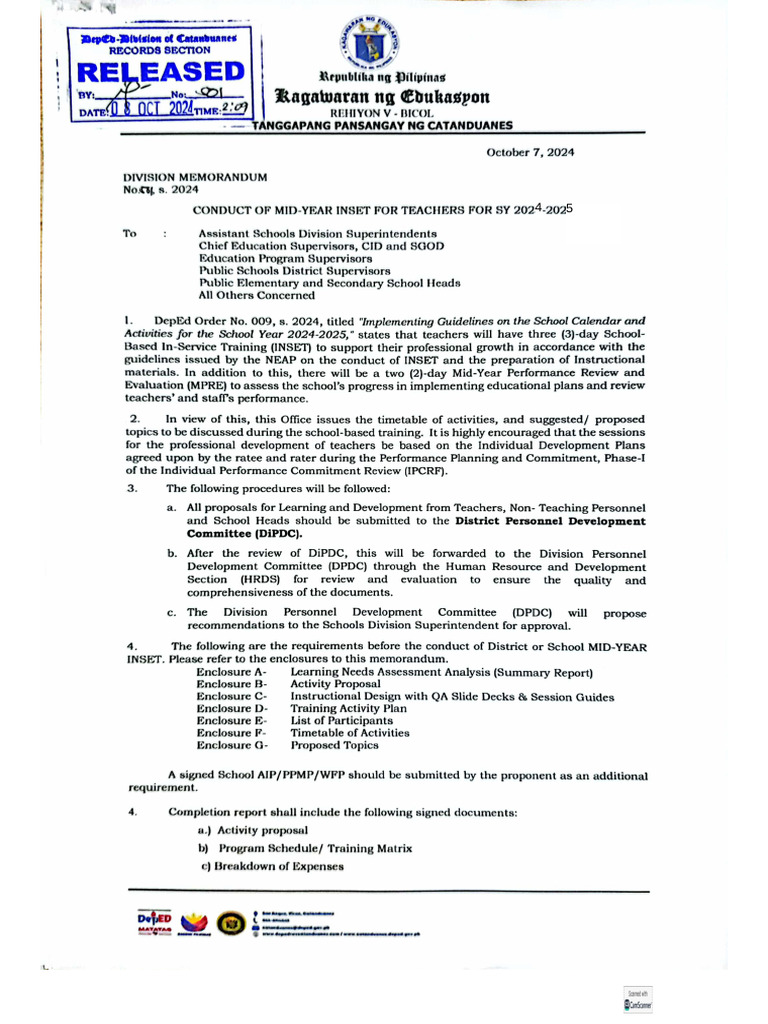 DM No. 501 s.2024 - Conduct of Mid Year Inset For Teachers For SY 2024 ...