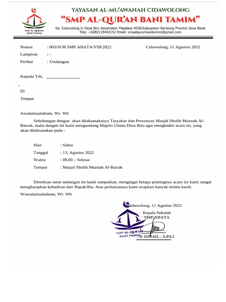 Surat Undangan Peresmian Masjid | PDF