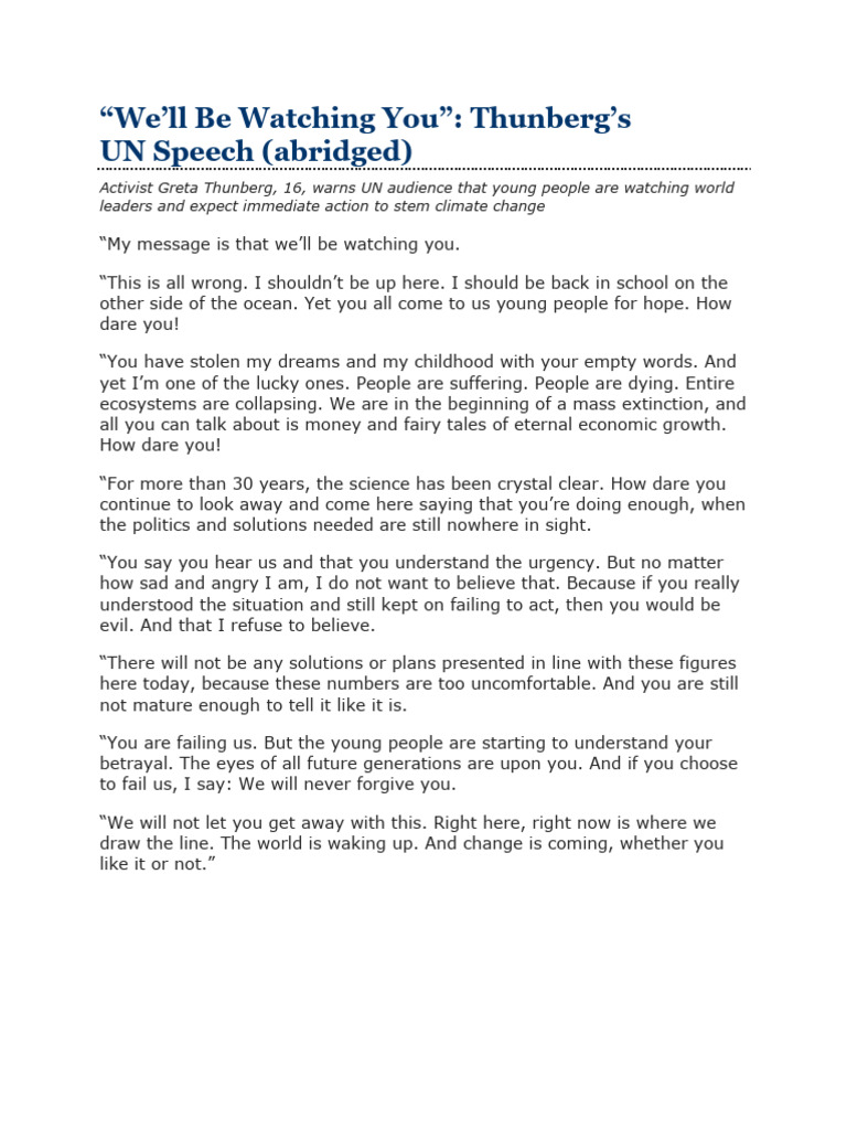 G10 Oratorical Piece by Greta Thunberg | PDF