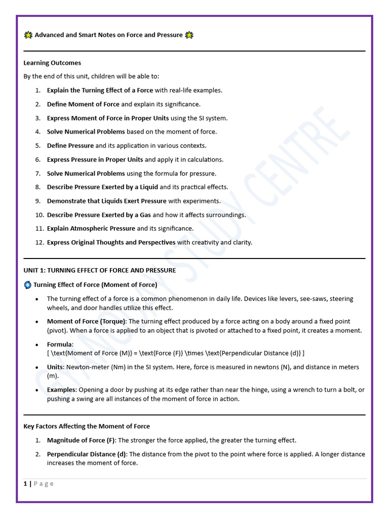 Force and Pressure Class 8 Icse | PDF | Pressure | Torque