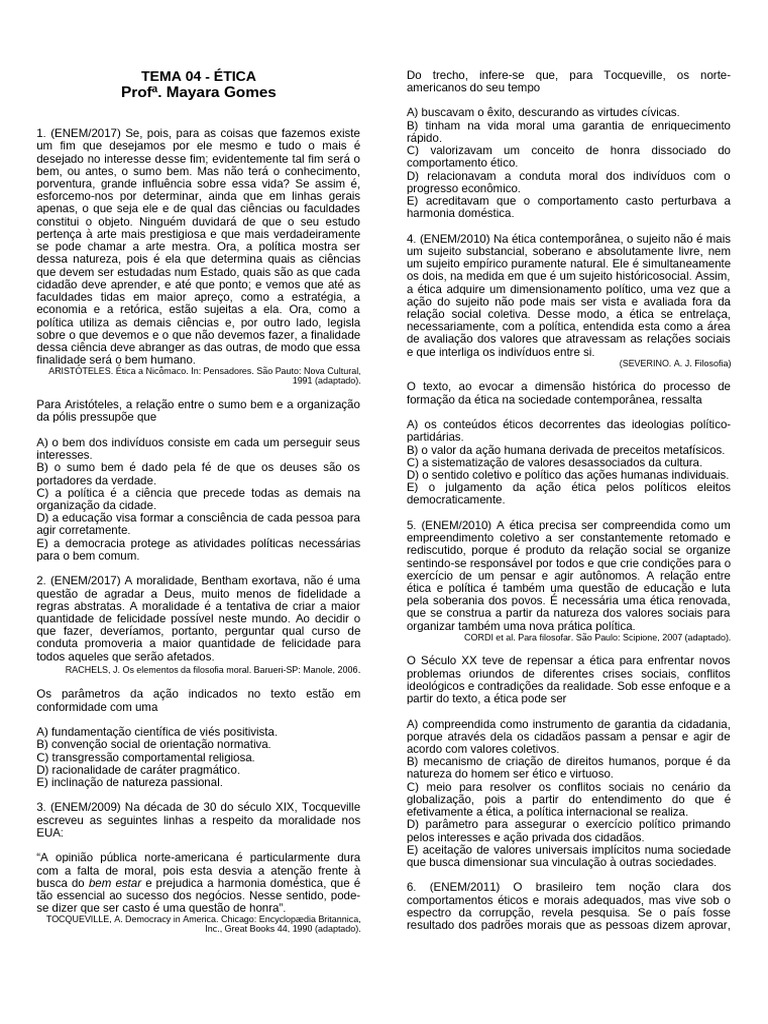 Filosofia - Tema 04 - (Exercã - Cios) Ã - Tica | PDF | Science | Aristóteles