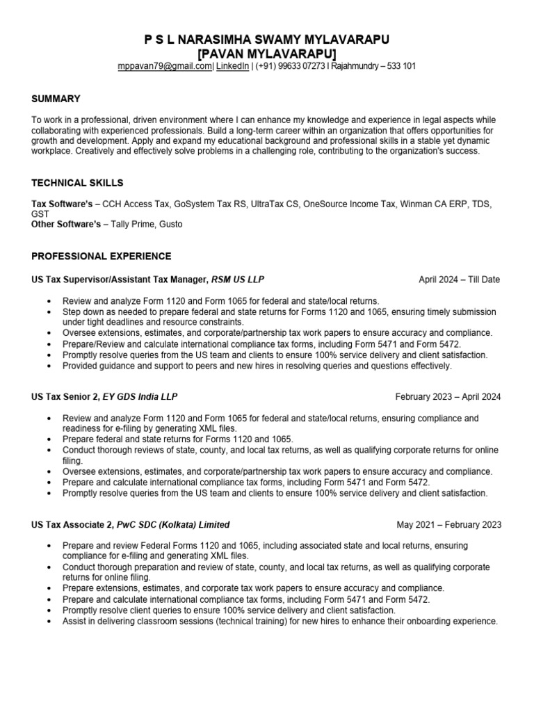Pavan Mylavarapu - Curriculum Vitae | PDF | Irs Tax Forms | Taxes