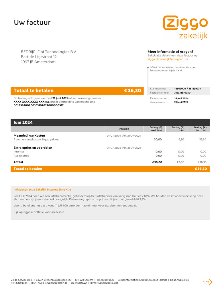 Ziggo Factuur 315331616050 | PDF