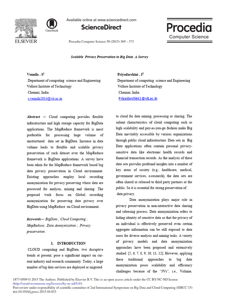 Scalable Privacy Preservation in Big Data A Sur - 2015 - Procedia ...
