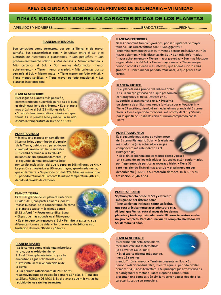 Ficha 05 Conociendo Las Caracterìsticas de Los Planetas | PDF ...