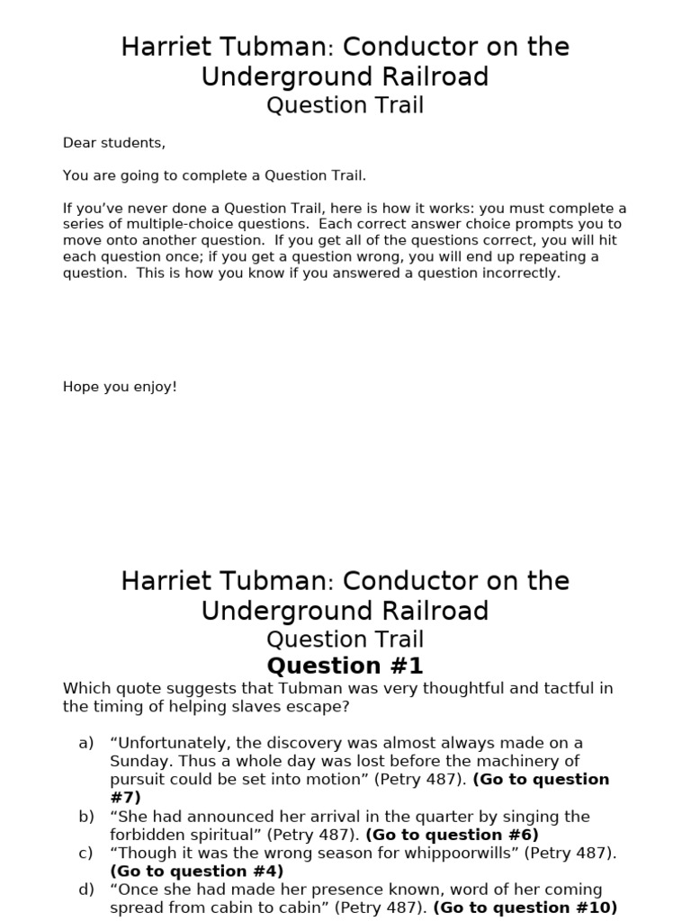 2 - Harriet Tubman - Conductor On The Underground Railroad Question ...
