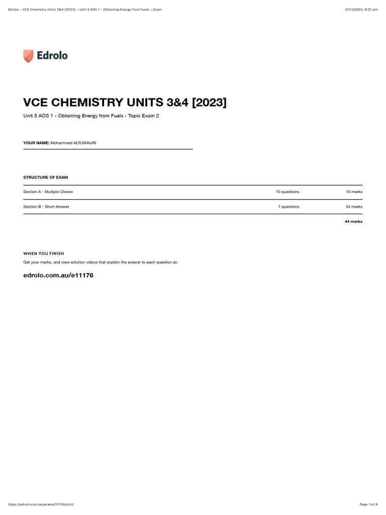 VCE Chemistry Exam: Energy from Fuels | PDF | Ethanol | Methane