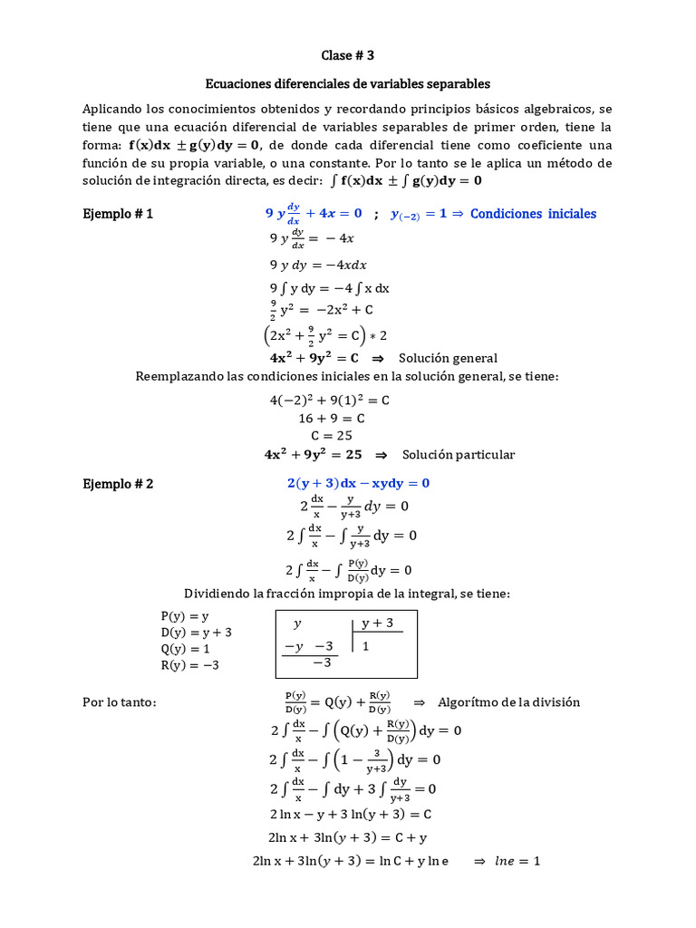 Variable Separables - Ejemplos | PDF | Integral | Ecuaciones