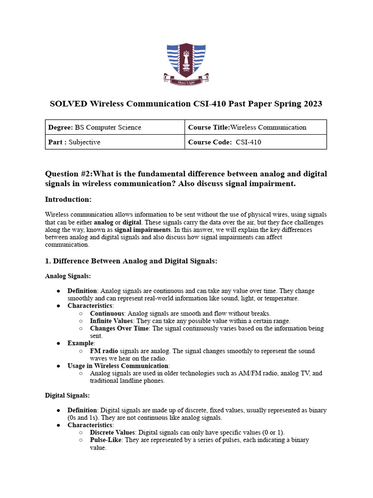 SOLVED Wireless Communication CSI-410 Past Paper Spring 2023 | PDF ...