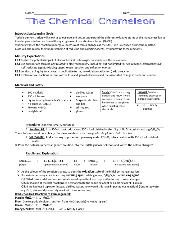 Chem Chameleon Handout | PDF | Redox | Chemical Compounds