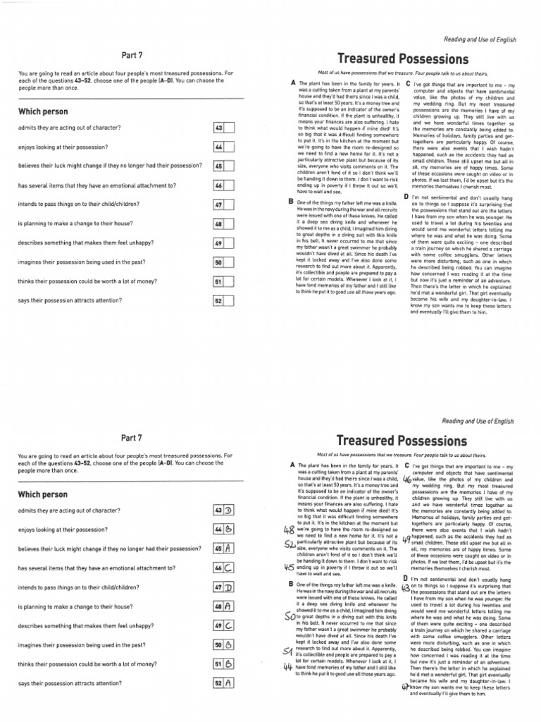 Reading Part 7 - Treasured Possessions - From Collins B2 First | PDF