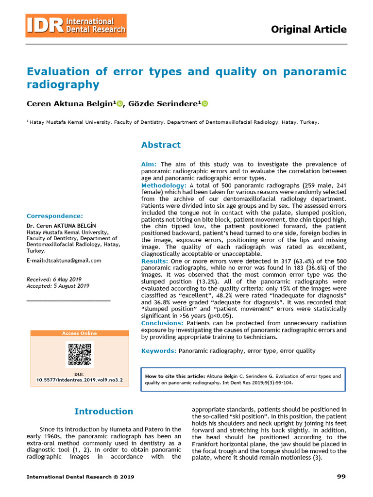 Evaluation of Error Types and Quality On Panoramic Radiography | PDF ...