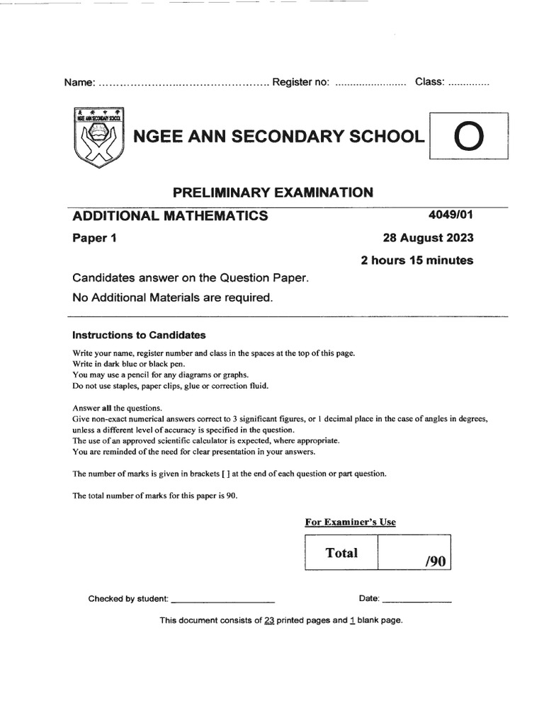 A-Math - Sec 4 - Prelims Exam Paper - 2023 - Ngee Ann Sec | PDF ...