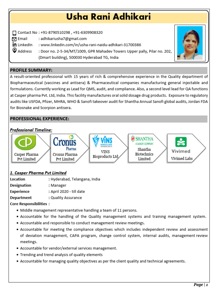 Adhikari Usha - CV - 15 Years Experience in Quality-1 | PDF | Audit | Pharmaceutical Industry