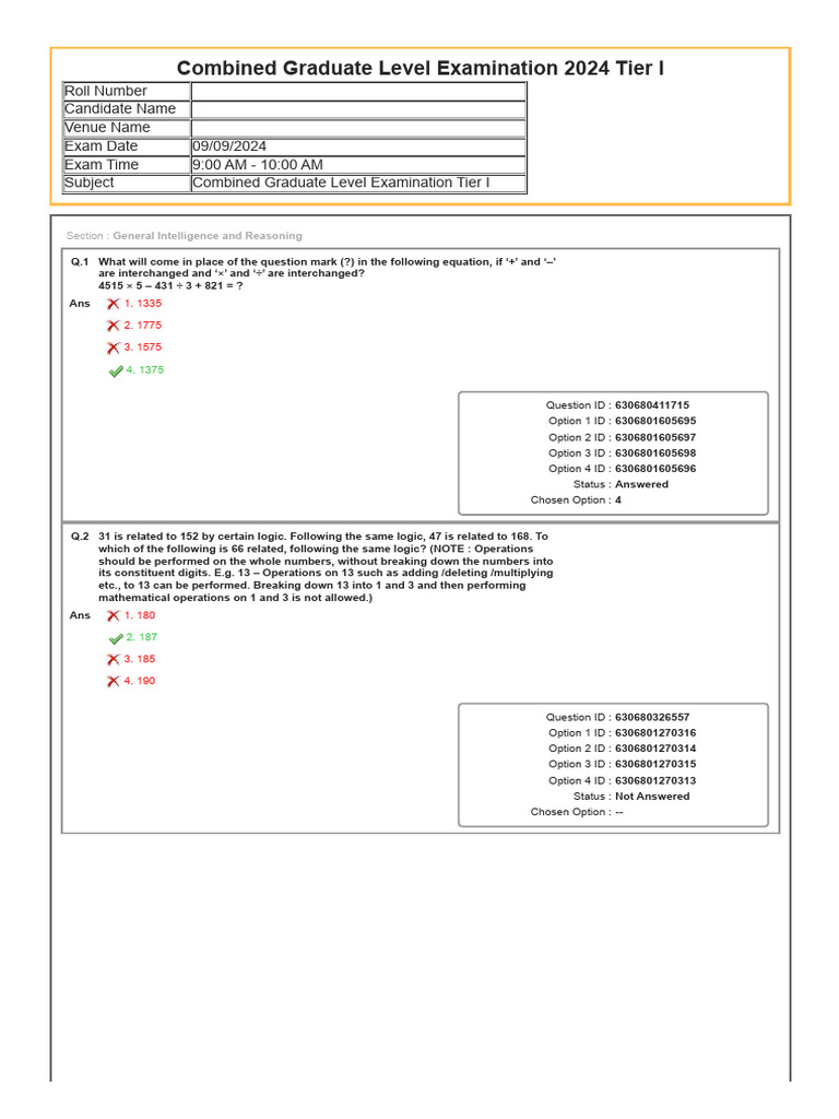 SSC CGL 2024 Tier 1 Question Paper | PDF