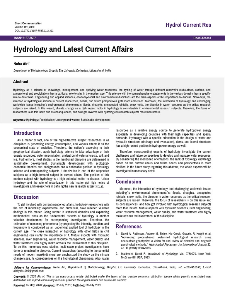 Editorial Note of Hydrology Current Research For Volume 11 Issue 3 | PDF | Hydrology | Water