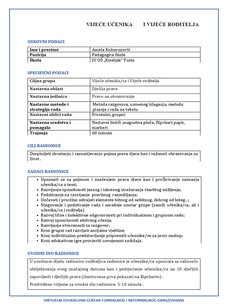 Plan Radionice - Medjunarodni Dan Djecijih Prava | PDF