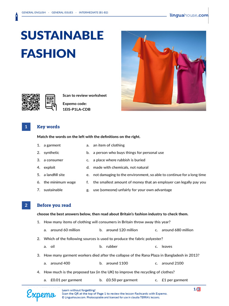 Sustainable Fashion British English Teacher B1 B2 | PDF | Clothing ...