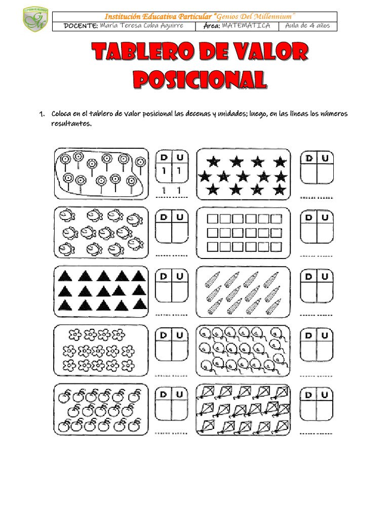 66b2923d64bb6 - MATEMÁTICAS - 4 AÑOS (Tablero de Valor Posicional) | PDF