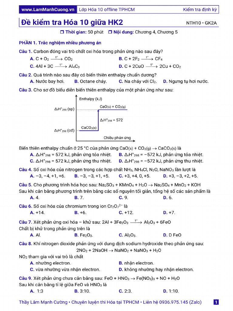 NTH10.GK2A. Kiểm tra giữa HK2 Hóa 10 | PDF