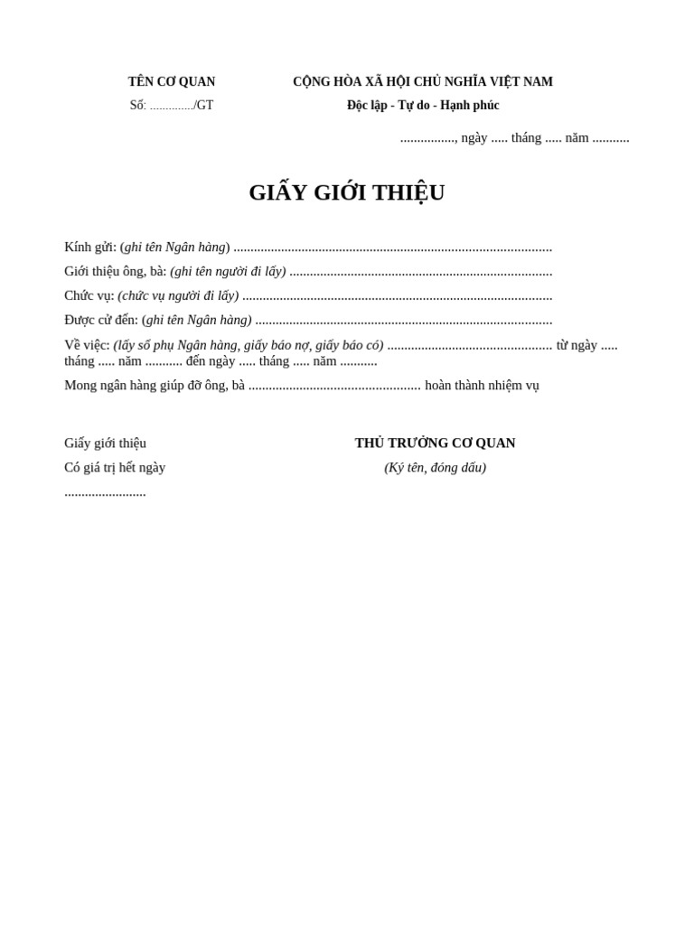 Mau Giay Gioi Thieu Ngan Hang 0908184013 | PDF