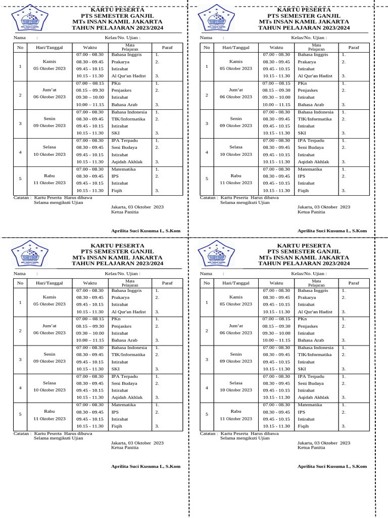Kartu Peserta PTS Ganjil 2023-2024 | PDF