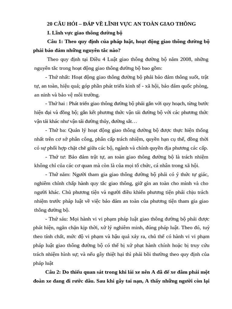 20 Cau Hoi Dap Ve An Toan Giao Thong | PDF