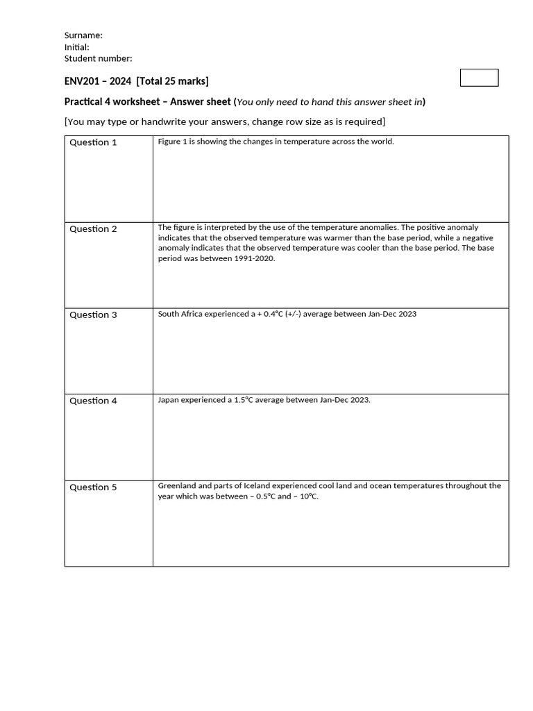 ENV201 - 2024 Prac 4 - Answer Sheet - Editable | PDF