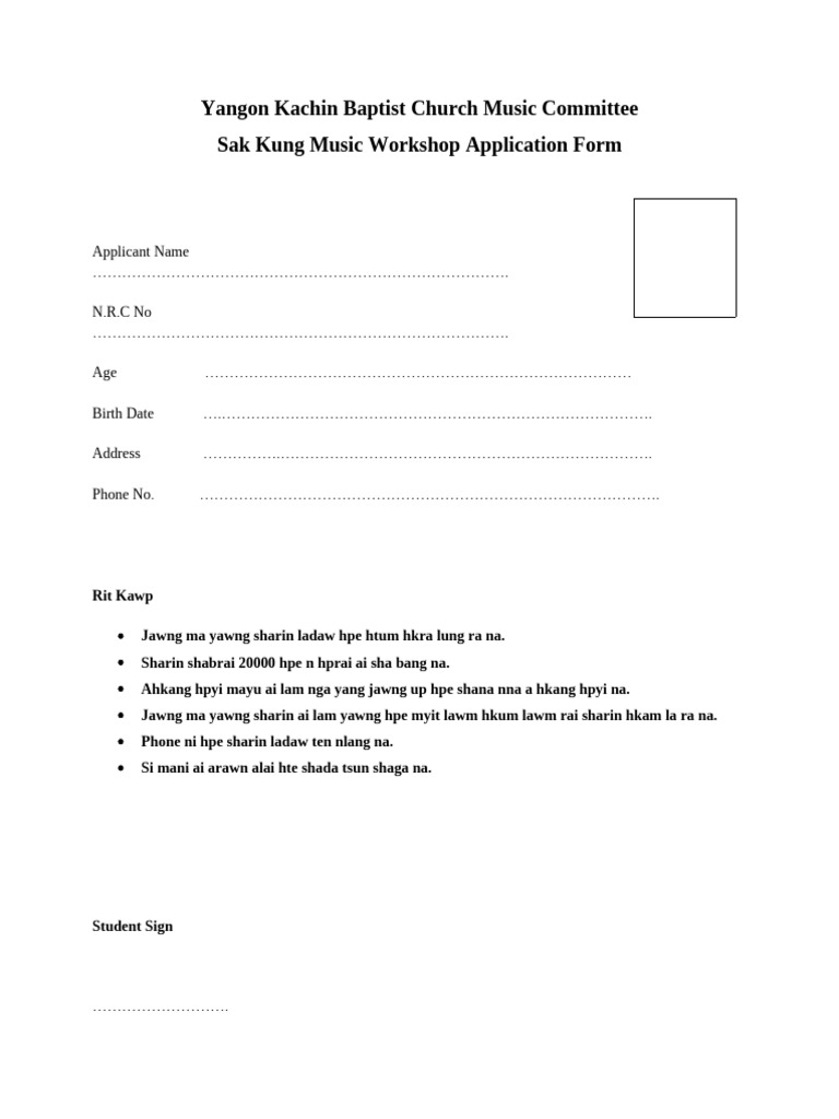 Kachin Baptist Church Music Workshop Application | PDF | Sports ...