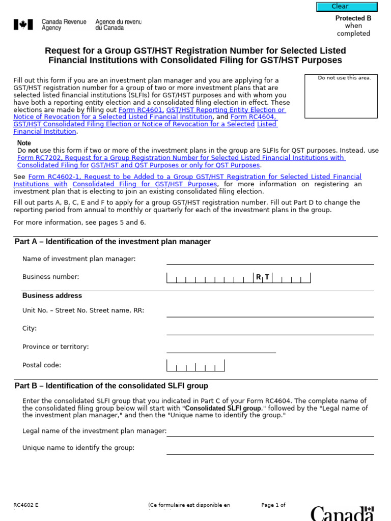 Request For A Group GST/HST Registration Number For Selected Listed ...