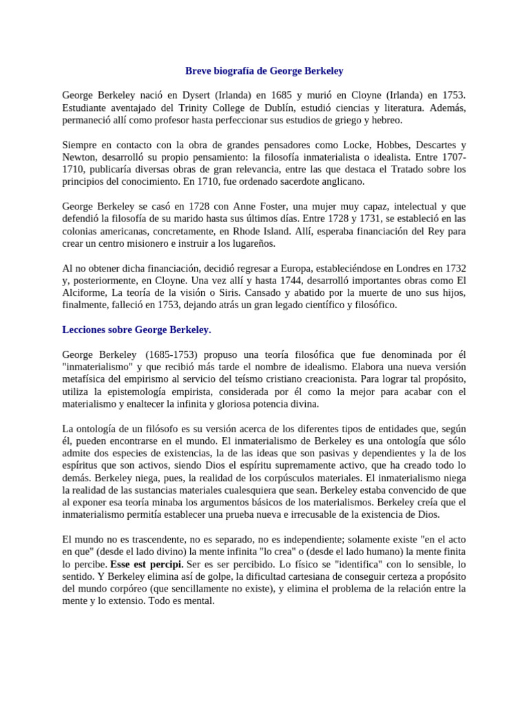 Breve Biografía de George Berkeley | PDF | Metafísica | Epistemología