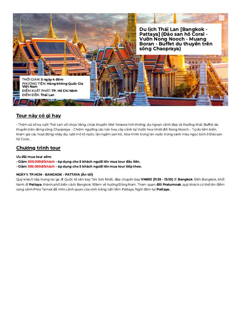 Du lịch Thái Lan (Bangkok - Pattaya) (Đảo san hô Coral - Vườn Nong ...