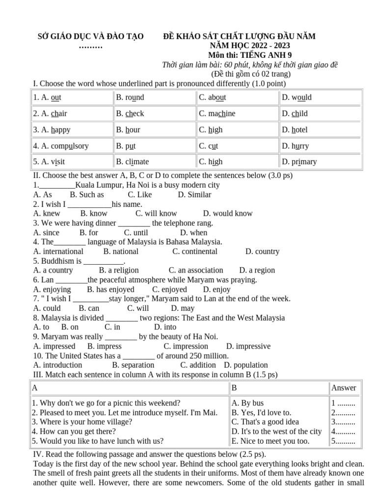 De Thi Khao Sat Chat Luong Dau Nam Mon Tieng Anh Lop 9 de 2 | PDF | Nonverbal Communication