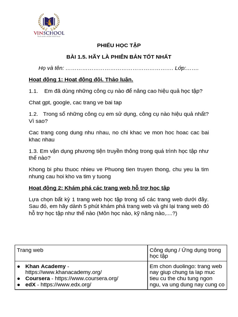 PHT - CLISE8 - Tuan 8 - Tiet 8,9 - Bai 1.5 - Hay La Phien Ban Tot Nhat | PDF
