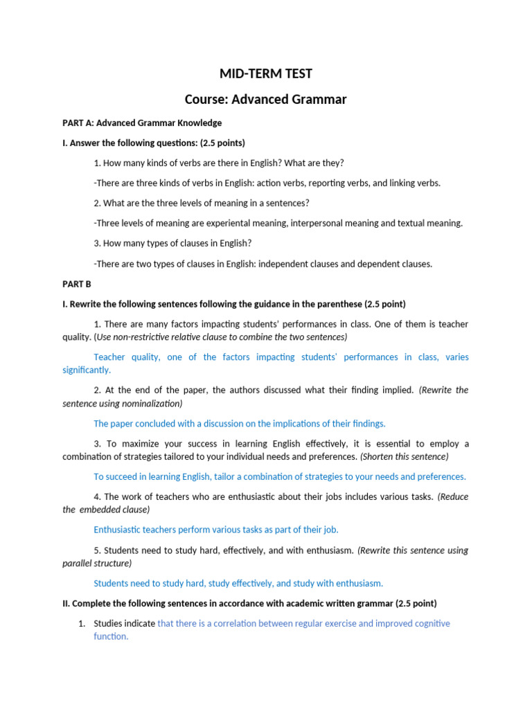 Mid Term Test | PDF | Clause | Sentence (Linguistics)