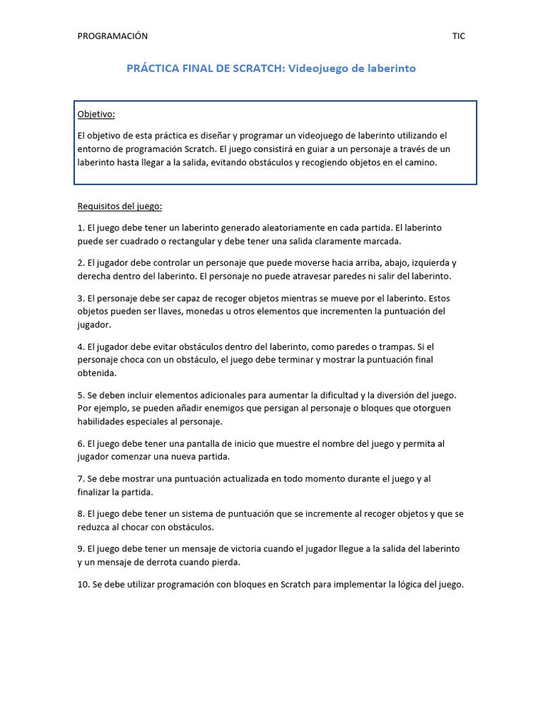 Práctica Final de Scratch | PDF | Scratch (lenguaje de programación) | Videojuego Gameplay