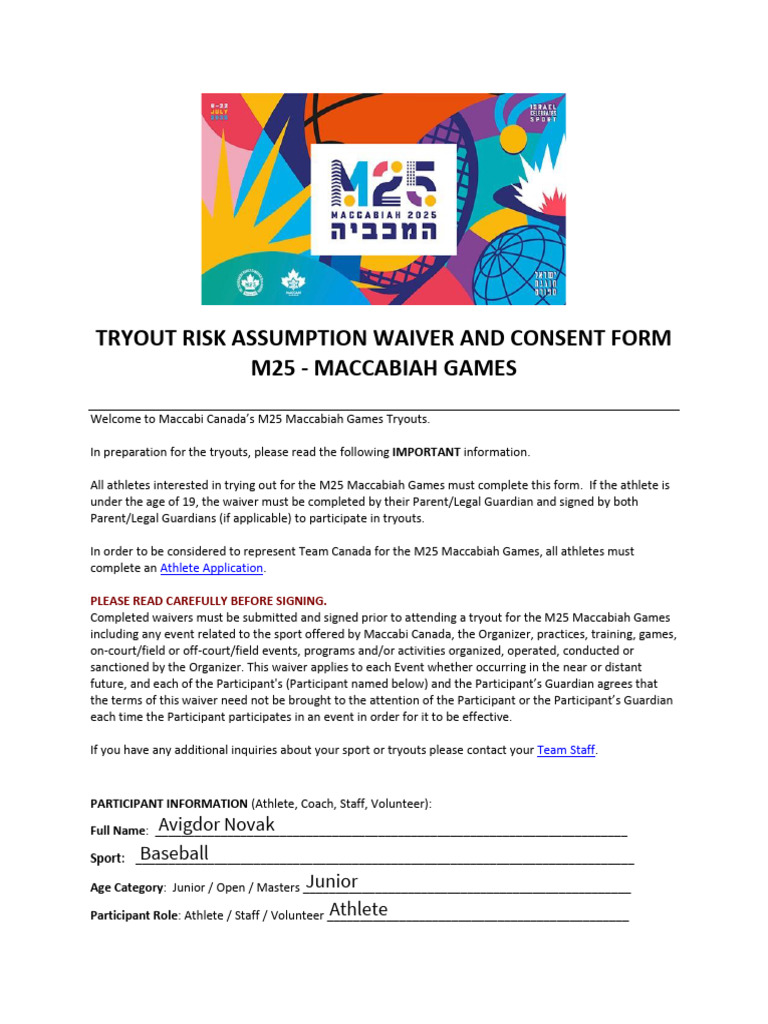 Maccabiah Games Tryout Waiver Form | PDF | Negligence | Legal Liability