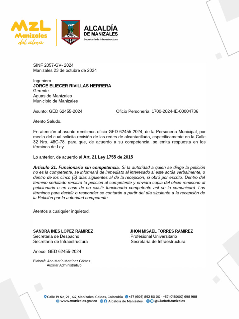 Sinf-Xxxxx-Gv-2024 Aguas de Manizales - Remisión Oficio Personería | PDF | Política | Ciencias ...
