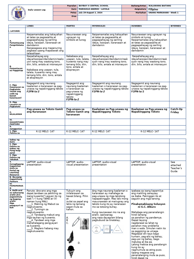 q1 Week1 DLL Filipino 2 | PDF