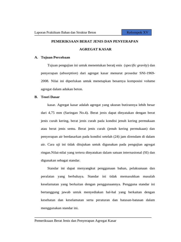 Pemeriksaan Berat Jenis Dan Penyerapan Agregat Kasar XV | PDF