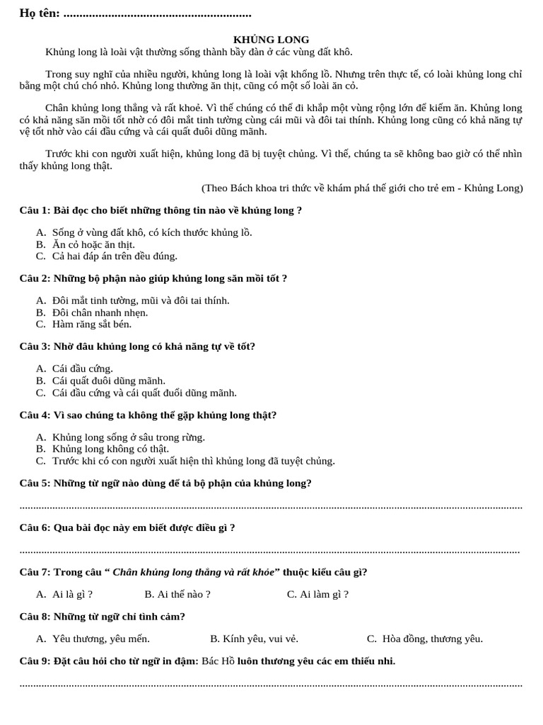 ĐỀ ĐỌC HIỂU TIẾNG VIỆT HKII LỚP 2.9 | PDF