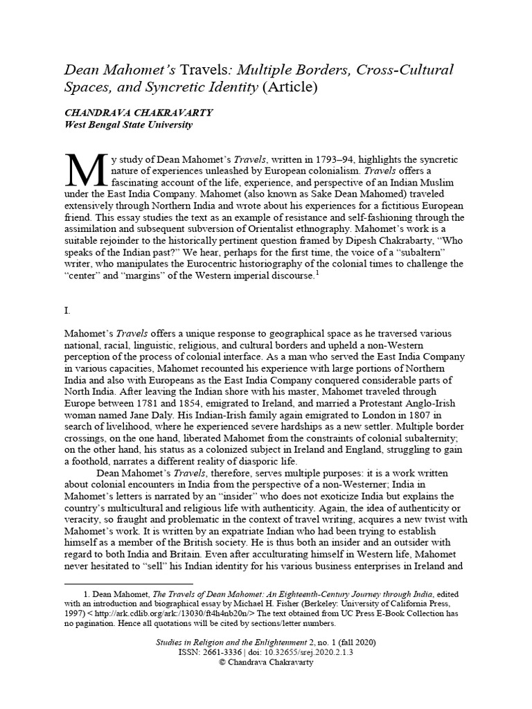 SRE 2020 Chakravarty Dean Mahomets Travel Multiple Borders Cross Cultural Spaces and Syncretic ...