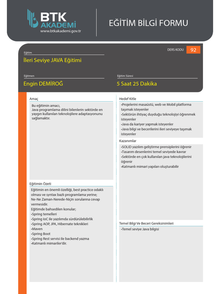 Ileri Seviye Java Egitim Bilgi Formu | PDF