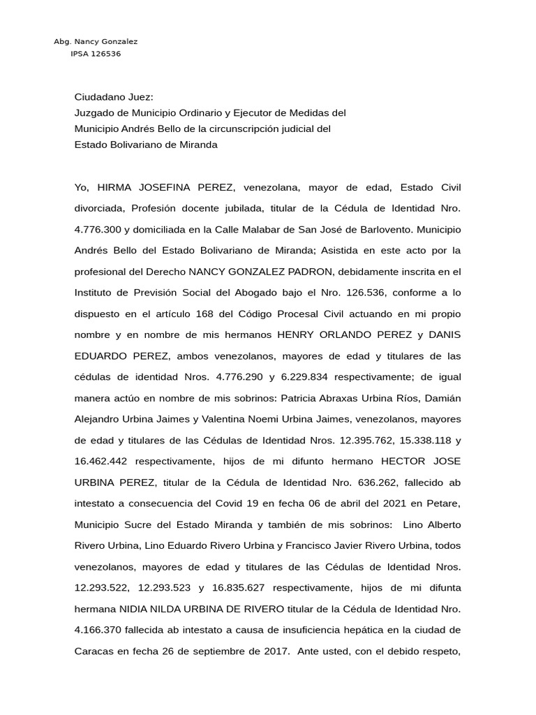 Irma Perez Decaracion de Herederos | PDF | Gobierno