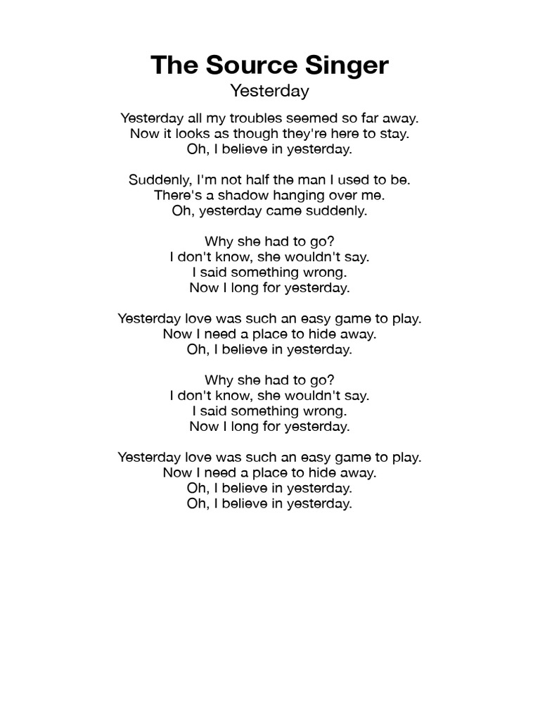 Yesterday Lyrics | PDF | Mystery, Thriller & Crime Fiction