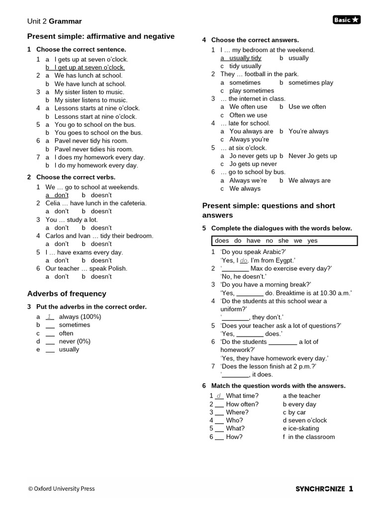 Synchronize1 TRB Worksheets Unit 2 Basic Grammar | PDF | Linguistics | Grammar